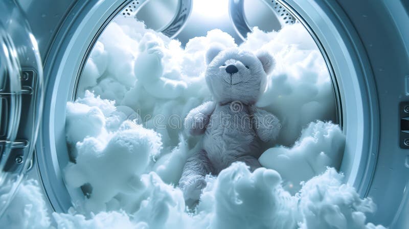 A Teddy Bear is in a Washing Machine with a Lot of White Fluffy ...