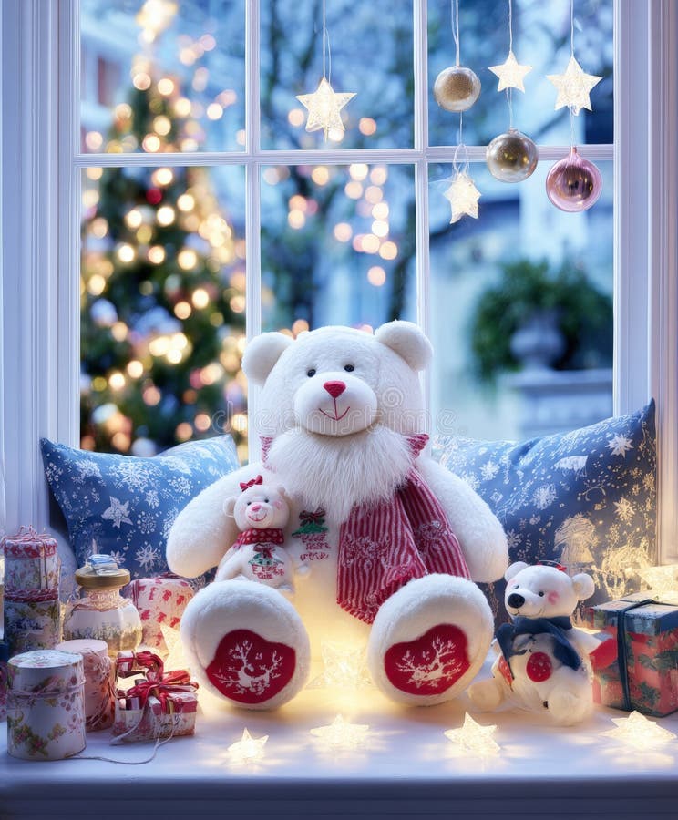 Teddy Bear on Window Sill Surrounded by Christmas Decorations and ...