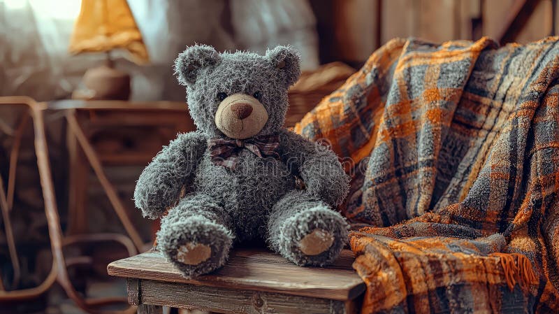 Teddy Bear on Wooden Stool stock photo. Image of teddy - 334644208