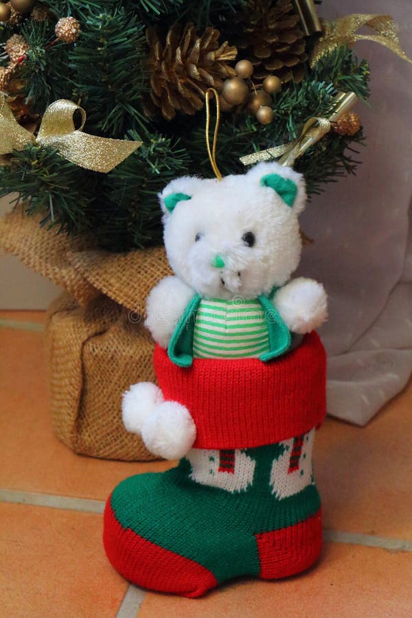 Teddy bear in a wool sock stock photo. Image of cone - 82292650