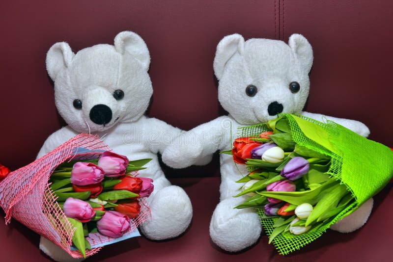 Teddy Bears And Bouquets Of Tulips Stock Image Image Of Easter