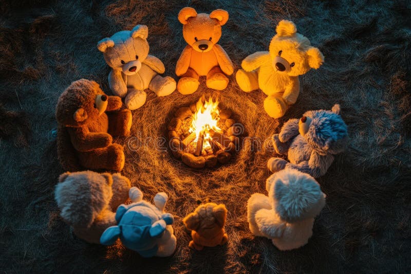 Teddy Bears Gathering Around a Campfire Stock Image - Image of beige ...
