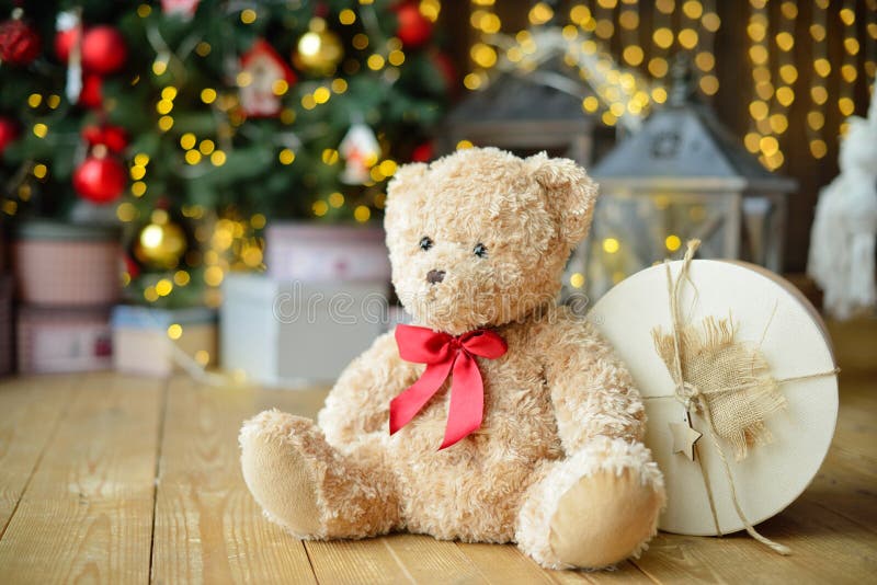 Teddy Bears Siting Under the Christmas Tree with Presents Stock Photo ...