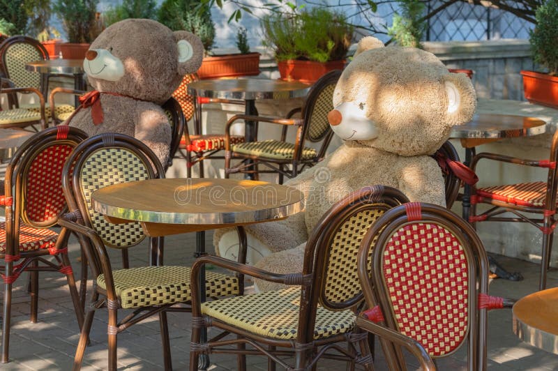 Teddy Bears Sitting in Coffee Shop Stock Photo - Image of dining ...