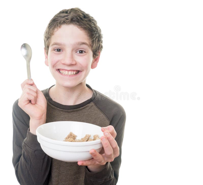 Teen Boy with Breakfast Cereal Stock Photo - Image of boys, excited ...