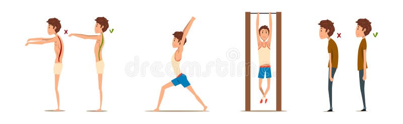 Teen Boy Doing Exercise with Correct and Wrong Spine Posture Vector Set ...