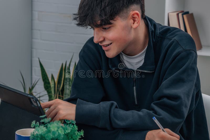 Teen Boy at Home Studying with Computer Stock Image - Image of internet ...