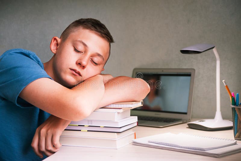 Teen Boy Napping on a Stack of Books Stock Image - Image of homework ...