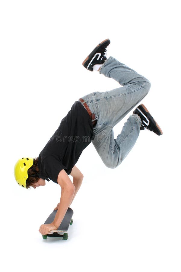 Teen Boy With Skateboard Over White Doing Hand Stand Stock Image ...