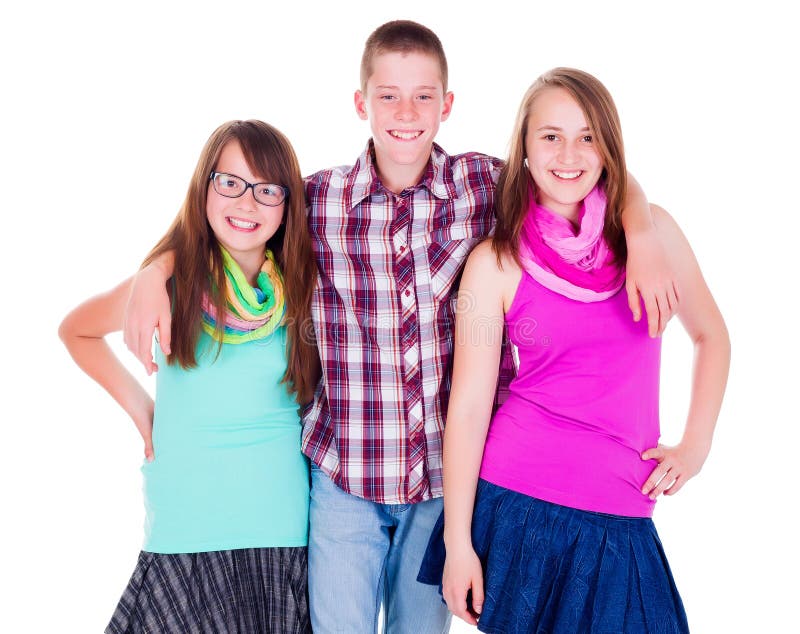 Teen Boy Standing with Two Girlfriends Stock Image - Image of group ...