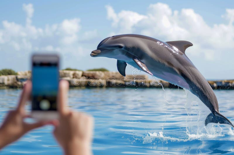 Teen Capturing Dolphin Jump on Smartphone Stock Image - Image of life ...