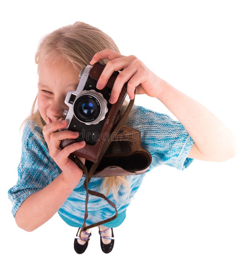 Teen Girl with Retro Camera on a White Background Stock Photo - Image ...