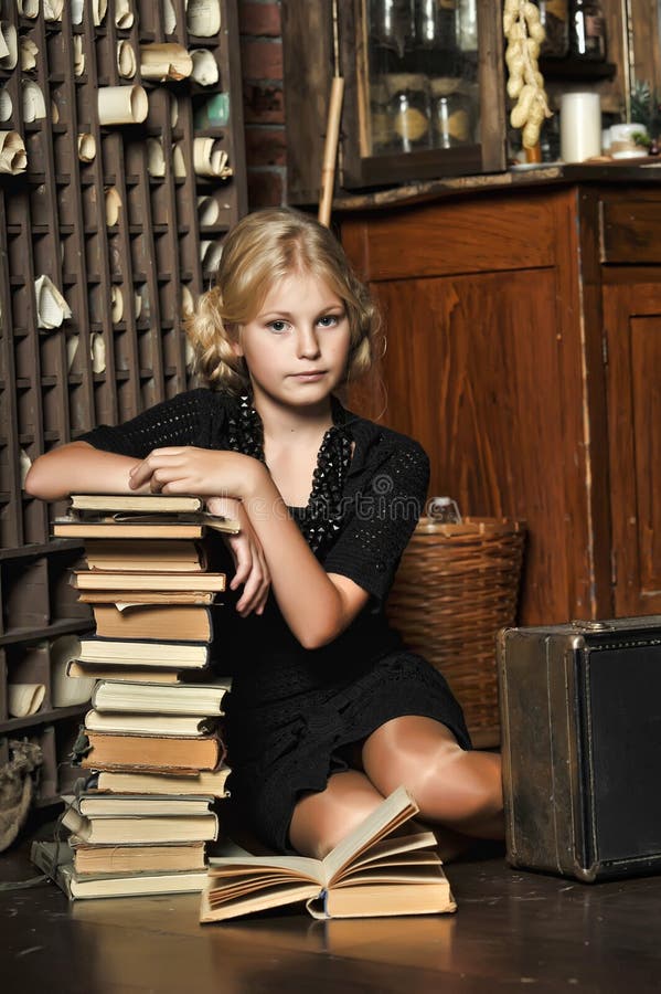 Teen Girl in Retro Style with a Stack of Books Stock Image - Image of ...