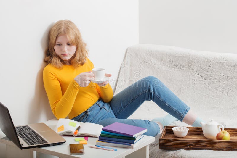 Teen Girl Studying and Learning with Notebook at Home. Stock Photo ...