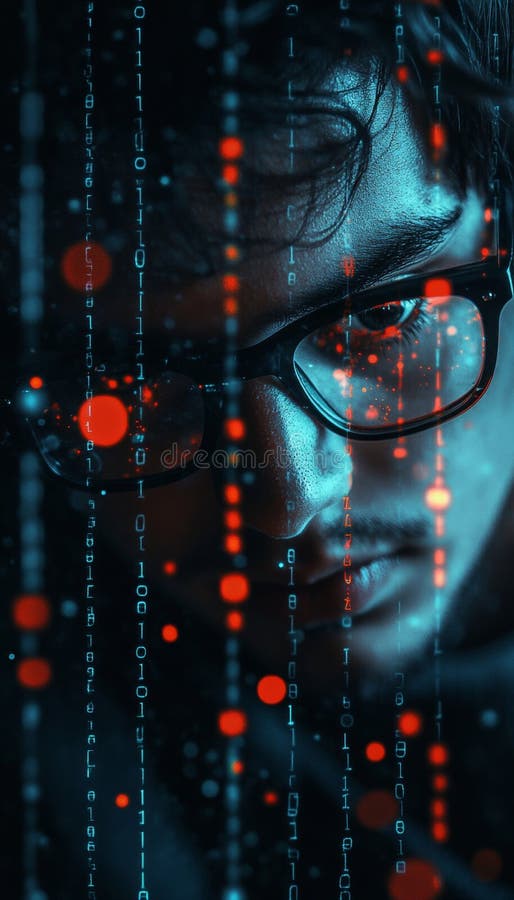Teen Hacker in Digital World, Double Exposure Portrait with Binary Code and Red Data Stream ...
