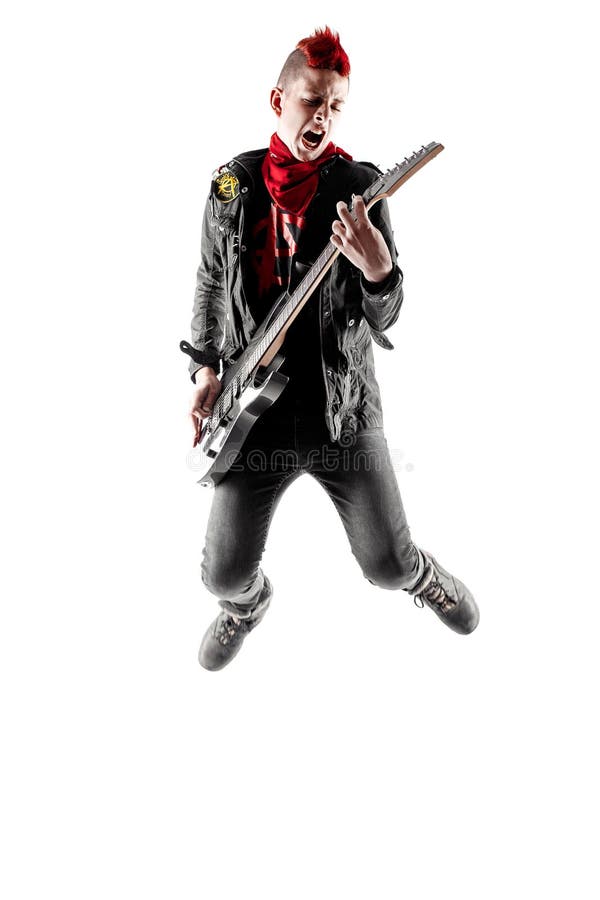 Teen with Red Mohawk Jumping while Playing Guitar Stock Photo - Image ...