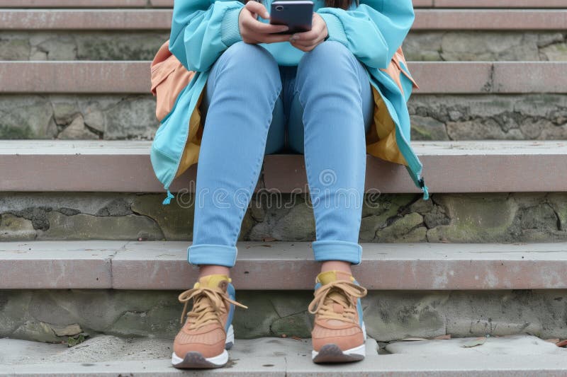 Teen Sitting on Steps Outdoors Scrolling through a Phone Stock ...