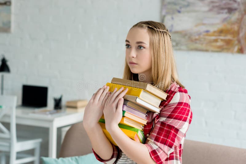 Teen Student Girl with Stack of Books Stock Photo - Image of ...