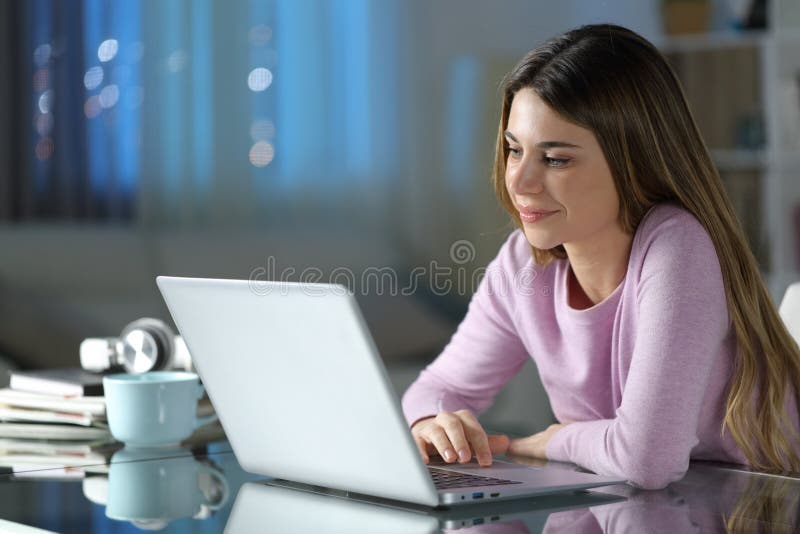 Teen Using Laptop in the Night at Home Interior Stock Photo - Image of ...