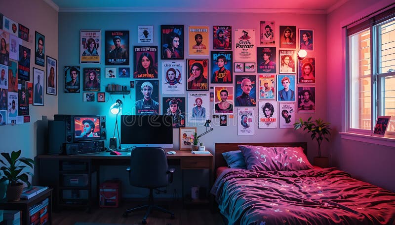 Teenage Bedroom with Desk, Bed and Wall of Posters in Neon Light Stock ...