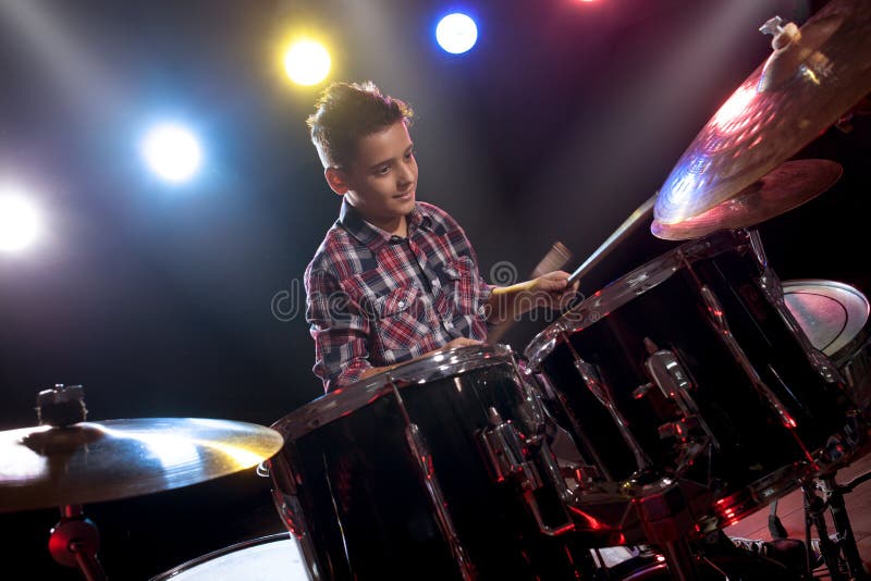 Teenage Boy Behind Drum Kit Stock Photo - Image of kids, caucasian ...