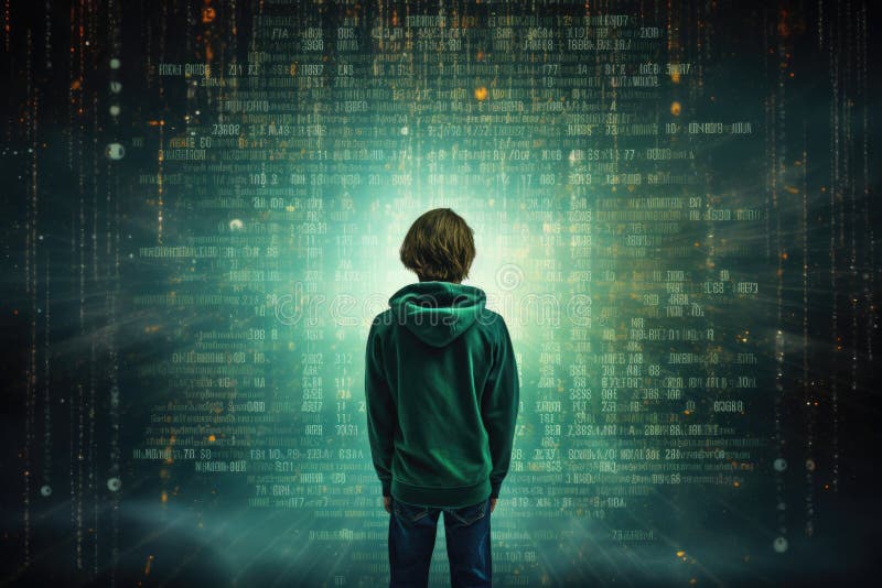 Teenage Boy on Binary Code Background AI Generated Stock Image - Image ...