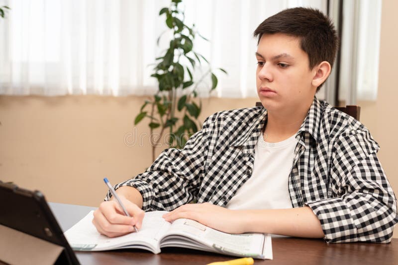 Teenage Boy on Distance Learning at Home. Distance Online Education ...