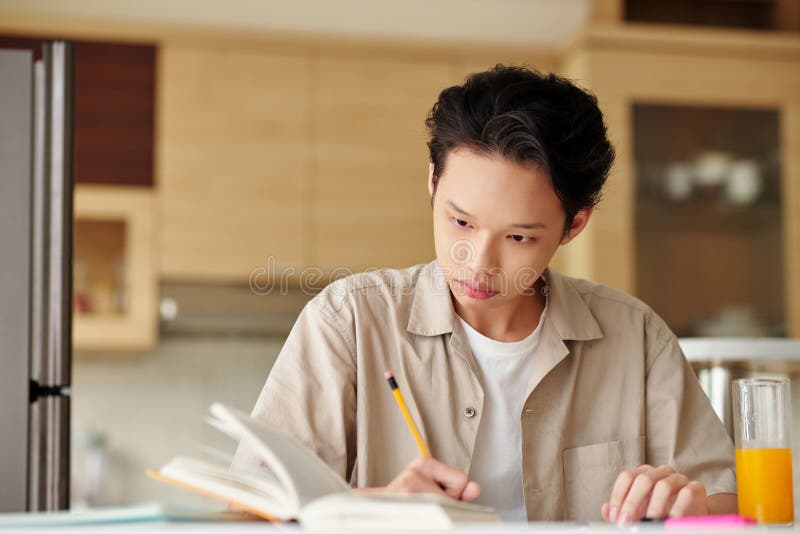 Teenage Boy Doing Homework stock photo. Image of intelligent - 254833632