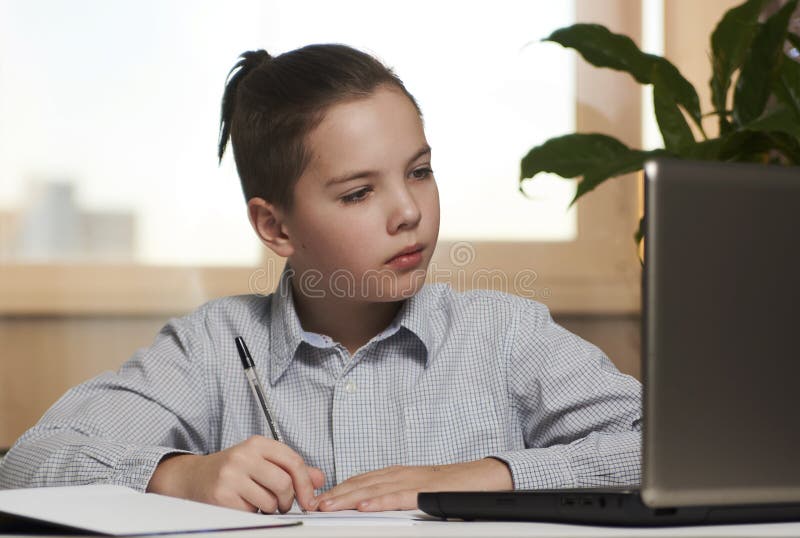 Teenage Boy Enjoy E-learning on Computer Notebook Stock Image - Image ...