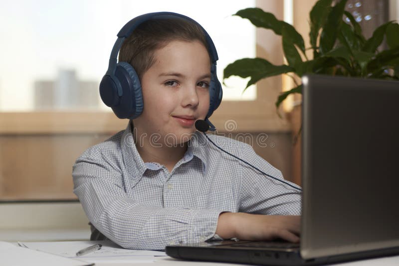 Teenage Boy Enjoy E-learning on Computer Notebook Stock Photo - Image ...