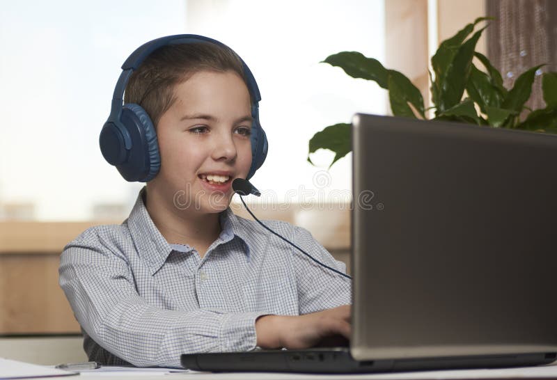 Teenage Boy Enjoy E-learning on Computer Notebook Stock Image - Image ...