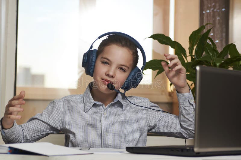 Teenage Boy Enjoy E-learning on Computer Notebook Stock Photo - Image ...