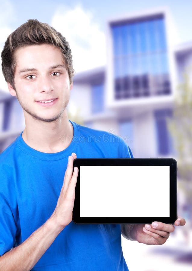Teenage Boy Holding a Tablet Stock Image - Image of head, communication ...