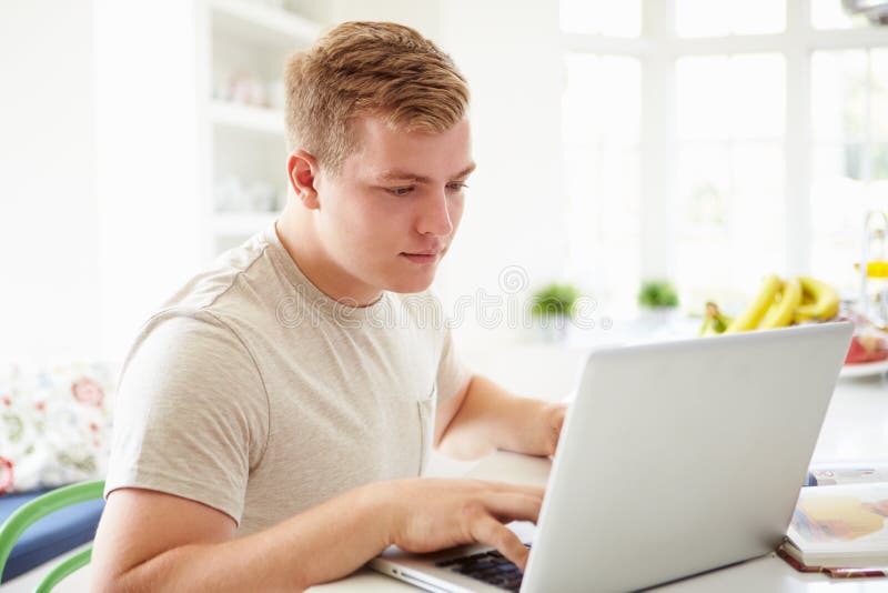 Teenage Boy Studying on Laptop at Home Stock Image - Image of studying ...