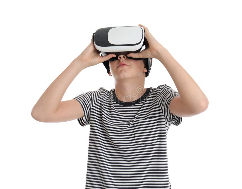 Teenage Boy Using Virtual Reality Headset on White Background Stock ...