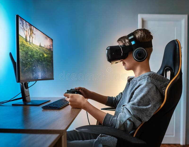 Teenage Boy with a Virtual Reality Headset, Playing in Front of His ...