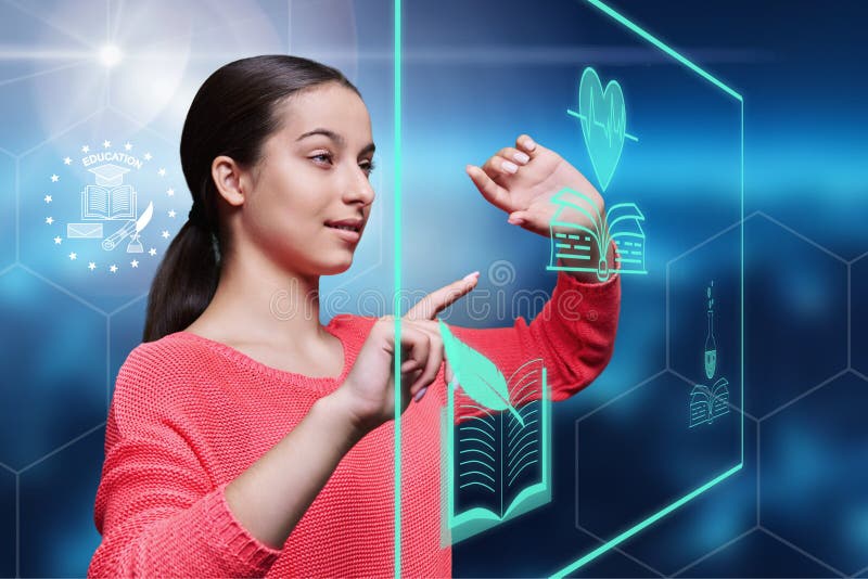 Teenage Female Student in Front of an Interactive Educational Screen ...