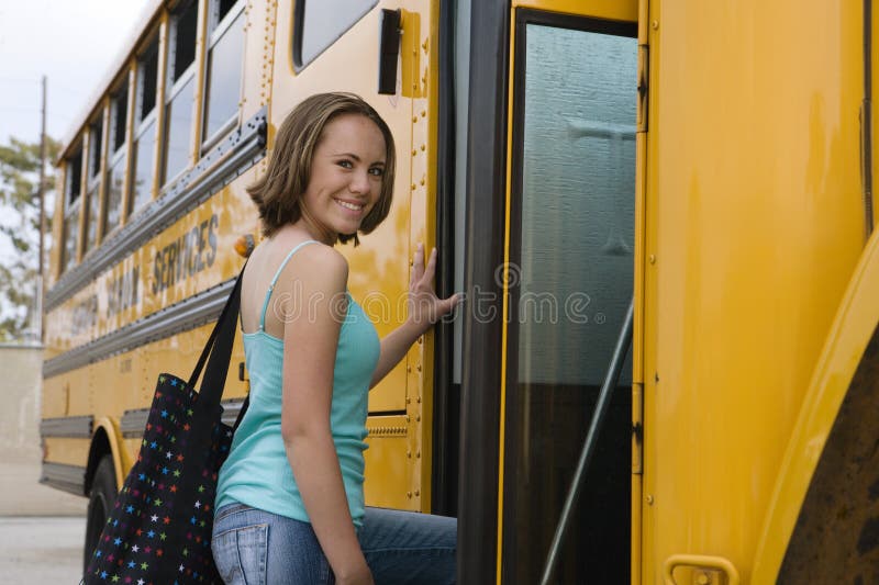 Teenage Girl Getting On School Bus Stock Image Image Of Attractive