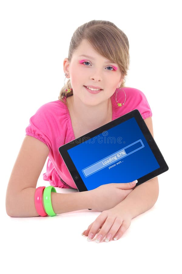Teenage Girl in Pink Sitting with Tablet Pc Stock Image - Image of cool ...