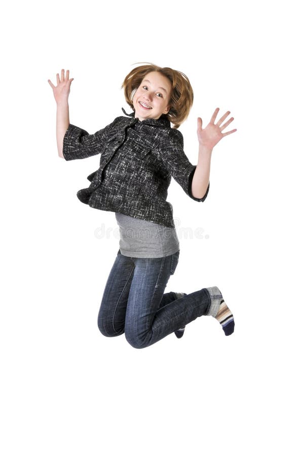 Teenage Girl Jumping on White Background Stock Photo - Image of excited ...
