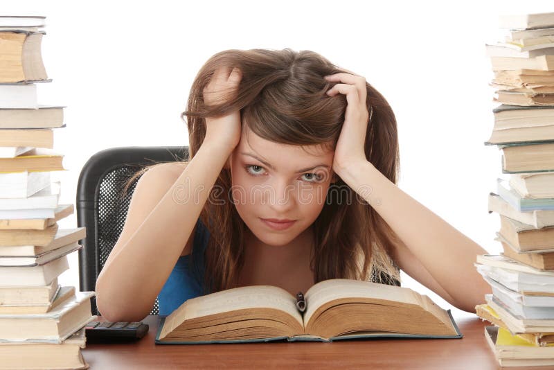 Teenage Girl Studying at the Desk Stock Photo - Image of girl, pile ...