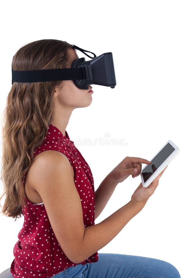 Teenage Girl Using Virtual Reality Headset and Digital Tablet Stock ...