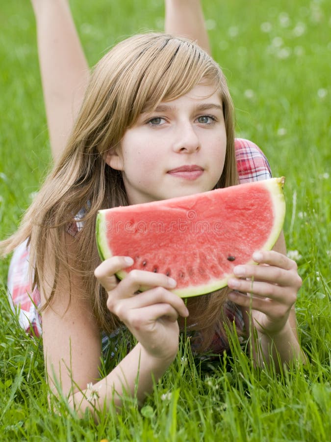 Teenage Girl with Watermelon Stock Image - Image of beautiful, food ...