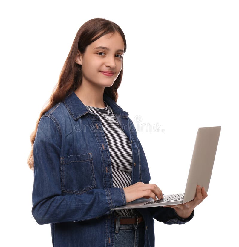 Teenage Student with Laptop and Backpack on White Background Stock ...