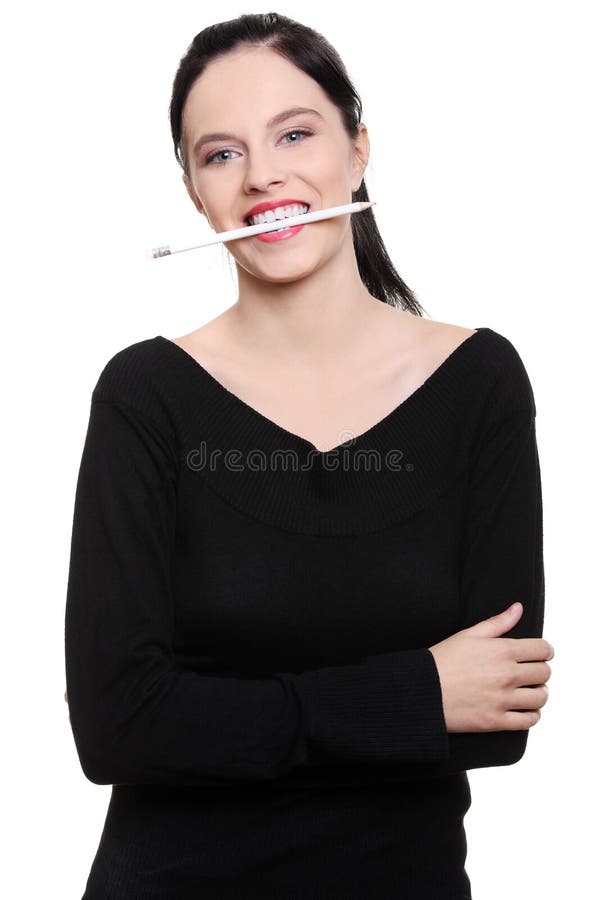 Teenage Student with Pencil in Her Mouth. Stock Image - Image of ...