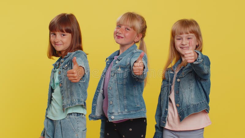 Teenage Three Girls Raises Thumbs Up Agrees Gives Positive Reply Like