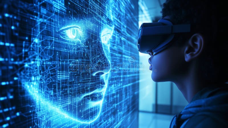 Teenager Boy Faces a Virtual AI in VR Stock Illustration - Illustration ...