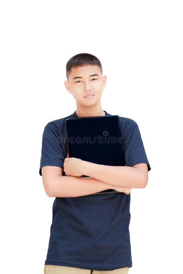 Teenager Boy Hugging Laptop Computer Stock Image - Image of expression ...