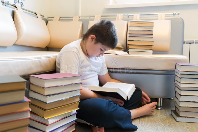 Teenager Boy Reading a Book in Room Stock Image - Image of childhood ...
