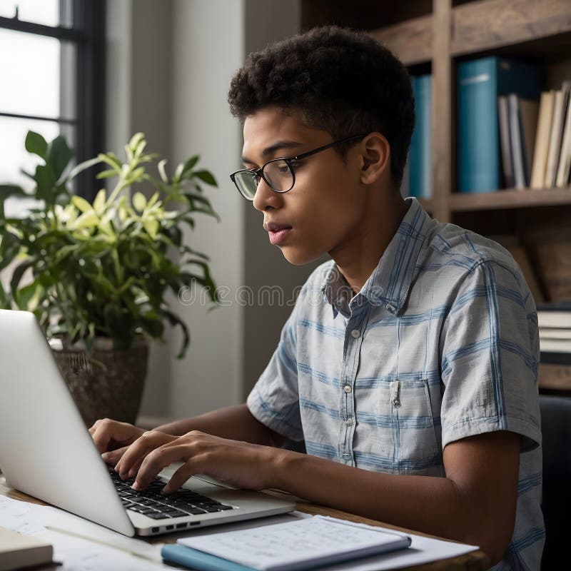 Teenager Doing Math Homework on Laptop with Notes and Calculator Stock ...